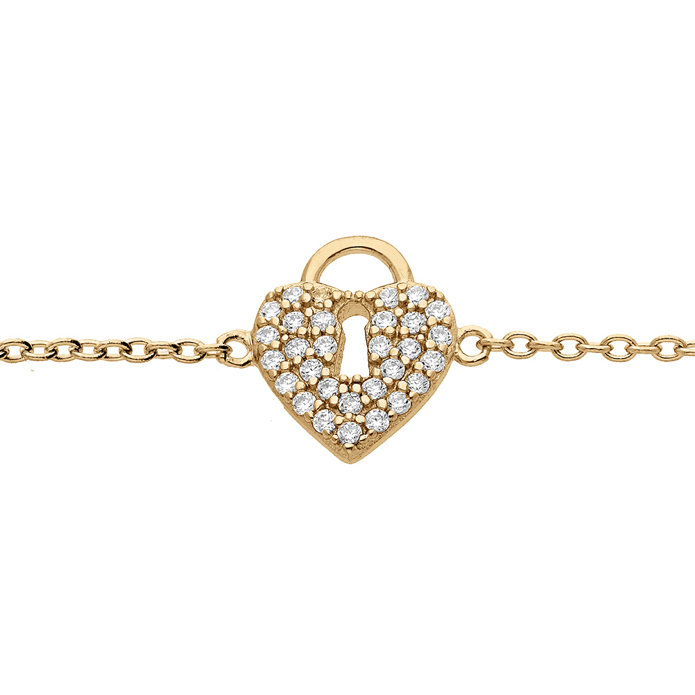 Bracelet en plaqué or chaîne avec cadenas coeur pavé d'oxydes blancs 16+2cm