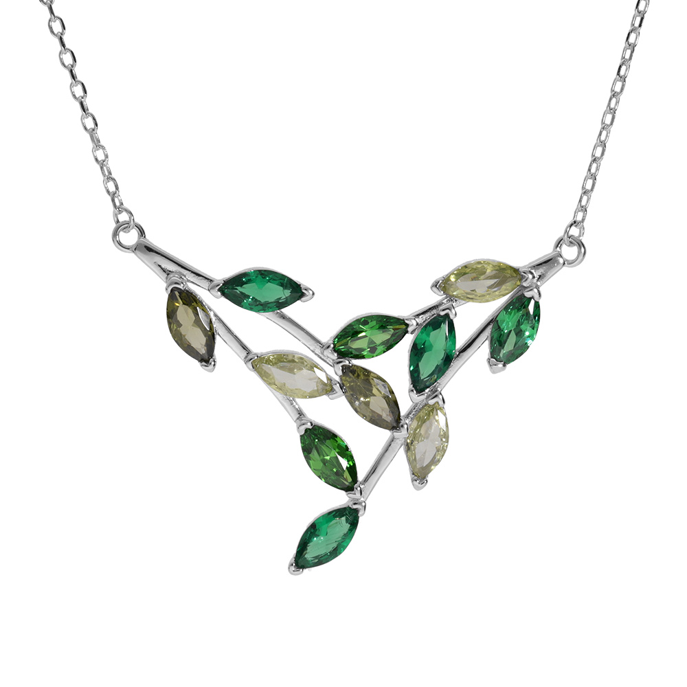 Collier en argent rhodié motif feuillage empierré avec oxydes verts ...