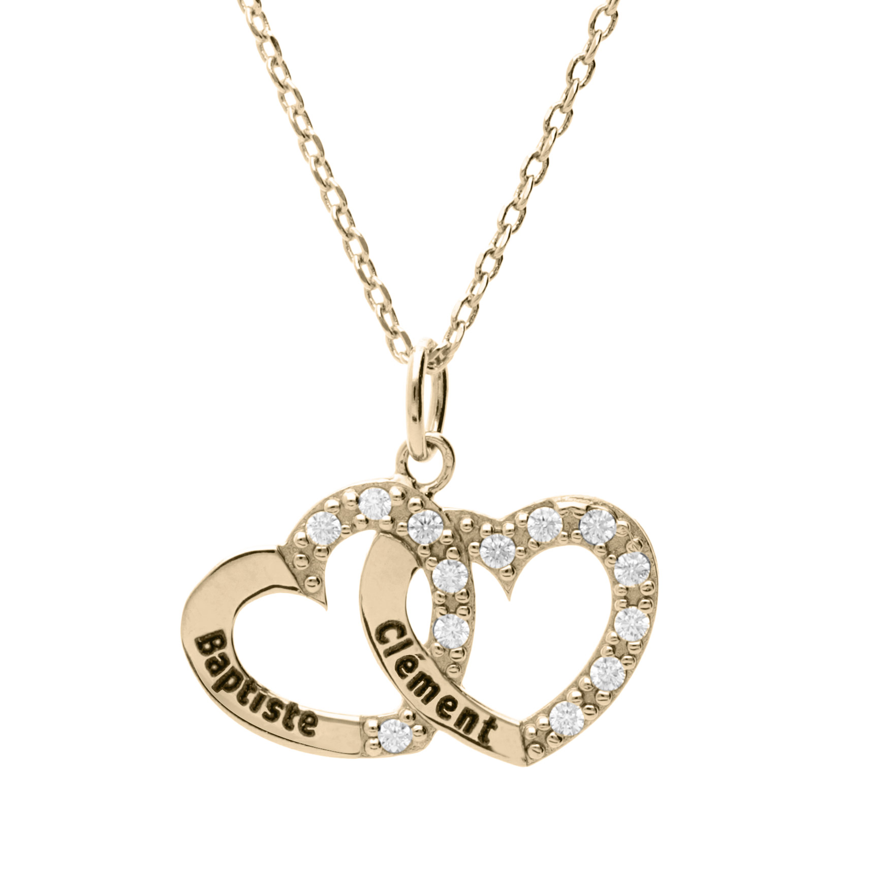 Collier en plaqué or double coeur prénoms à graver avec oxydes blancs ...