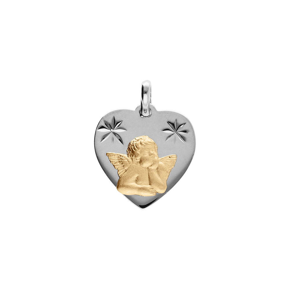Pendentif en argent platiné et argent doré coeur contour diamanté avec Ange