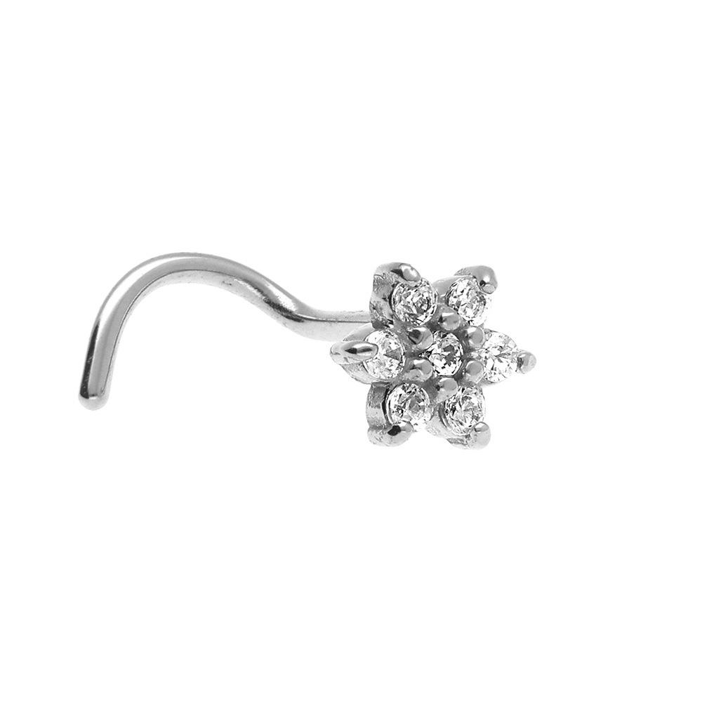 Piercing de nez en acier fleur six pétales d'oxydes blancs